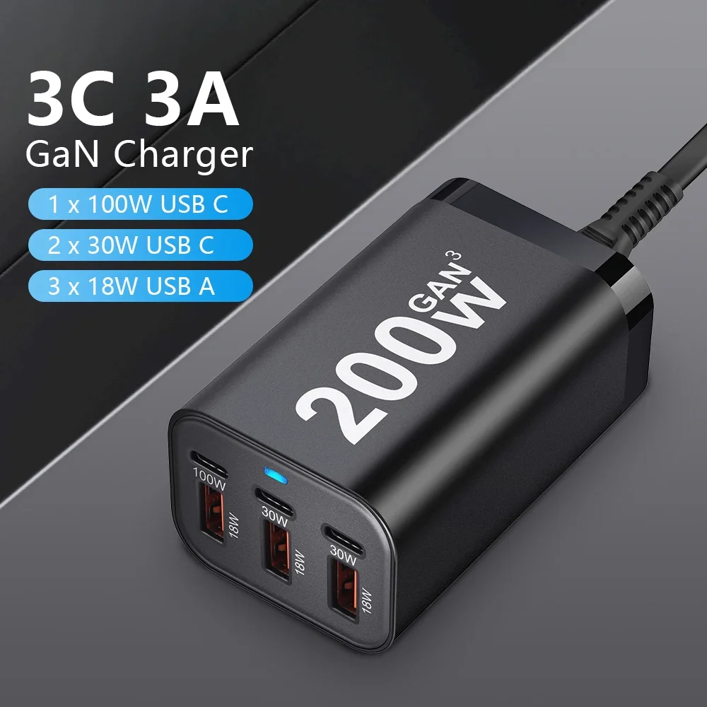 200W GaN Charger USB C Fast Charger 6-Port Charging Station Power ...