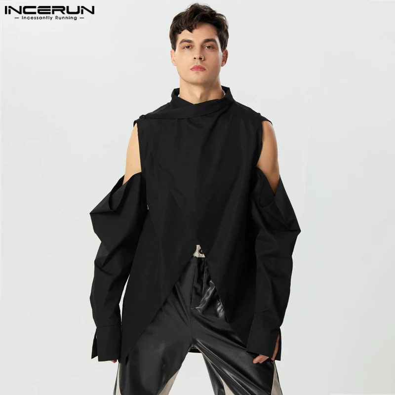 INCERUN-Men-Irregular-Shirt-Solid-Color-Turtleneck-Long-Sleeve-Off ...
