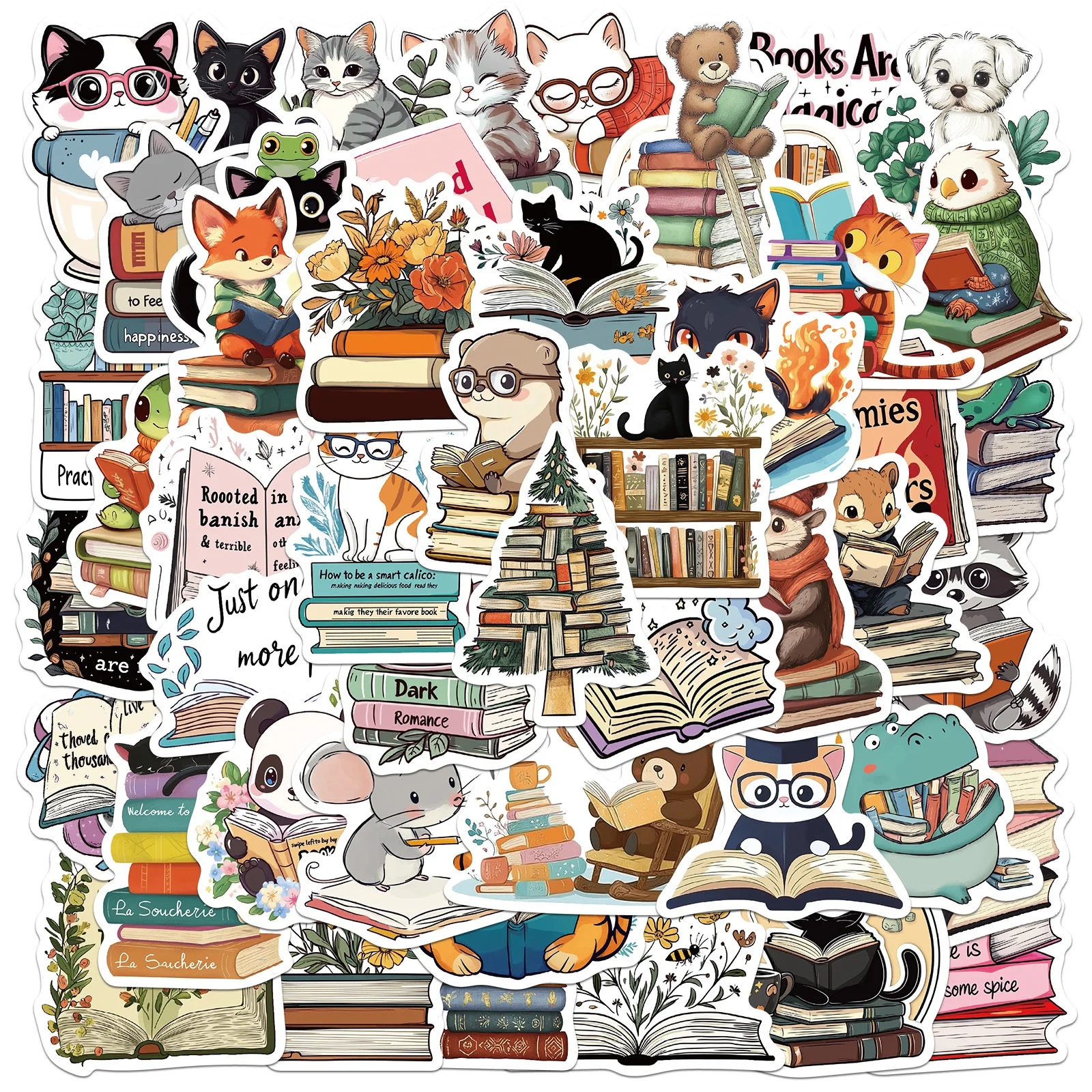 10/25/50pcs Cute Cartoon Animals Book Reading Stickers Graffiti for DIY ...