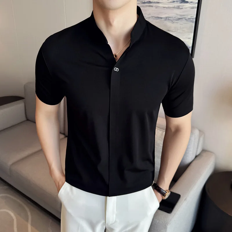 Polo-negro-de-alta-calidad-para-hombre-camiseta-de-manga-corta-el-stica ...