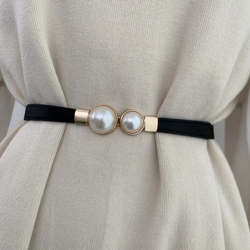 Korean-Women-s-Thin-Elastic-Belt-Decorative-Dress-Double-Pearl-Buckle ...