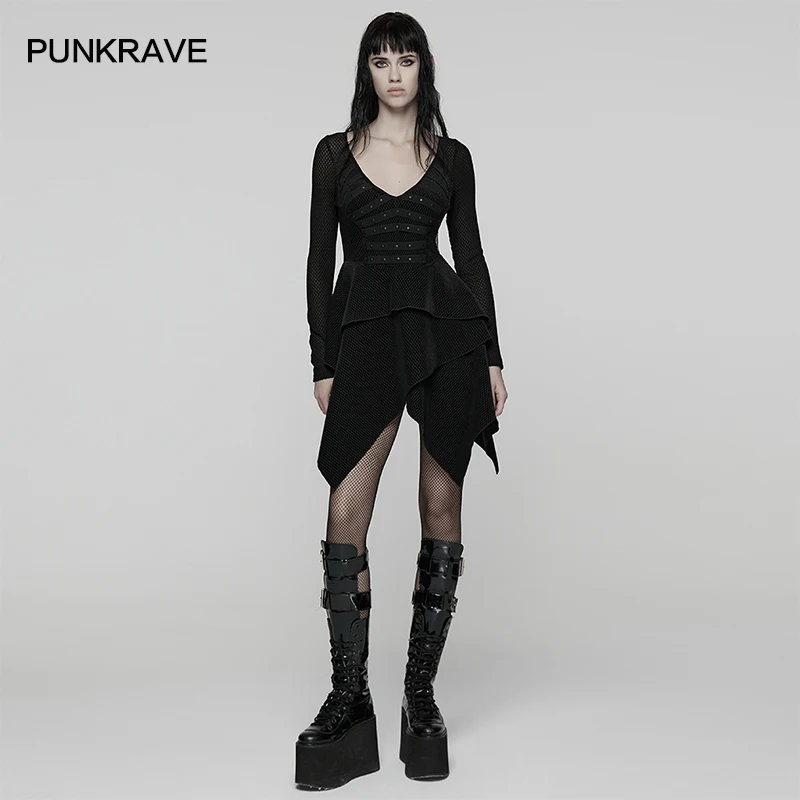 PUNK RAVE Women's Punk Upper Body Rivet Webbing Velvet Mesh Dress Multi ...