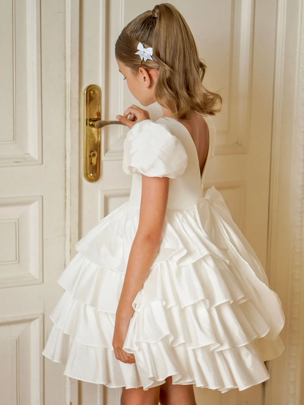 Flower Girl Dress for Wedding White Satin Knee Length Layered Ruffles ...