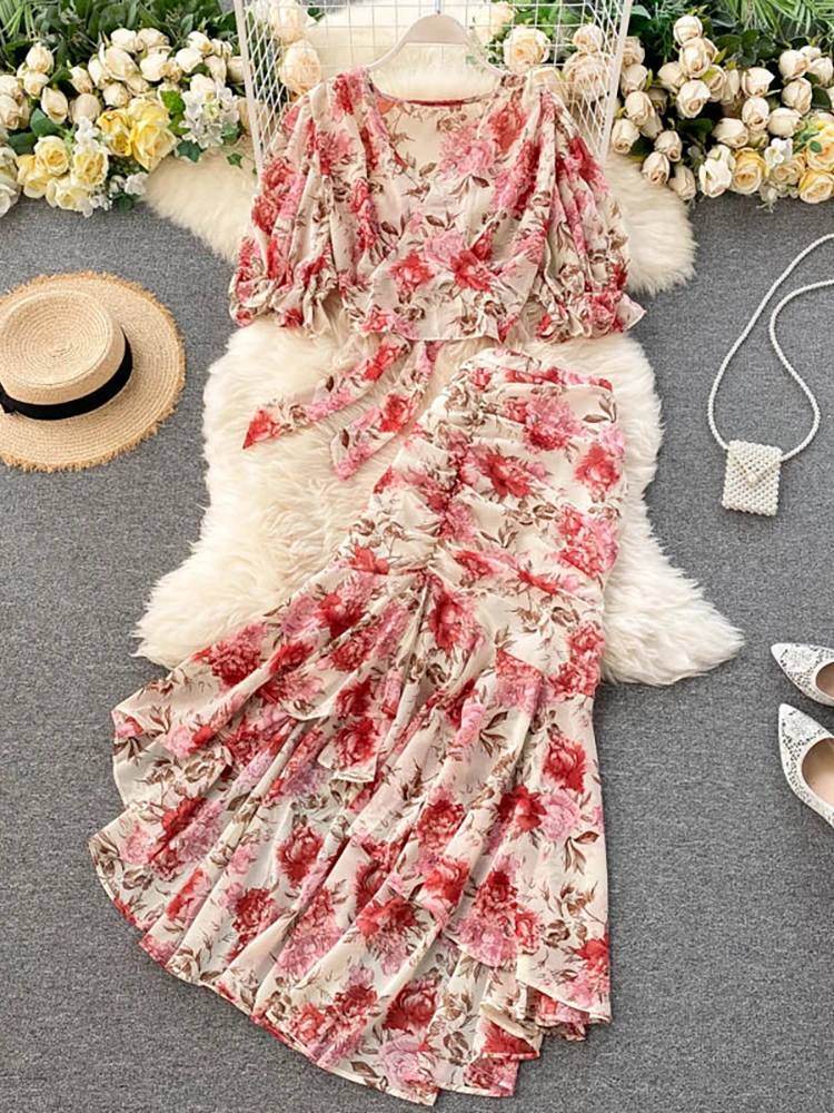 Bohemian Pink/blue Floral Print Chiffon 2pcs Set Women Summer Bandage ...