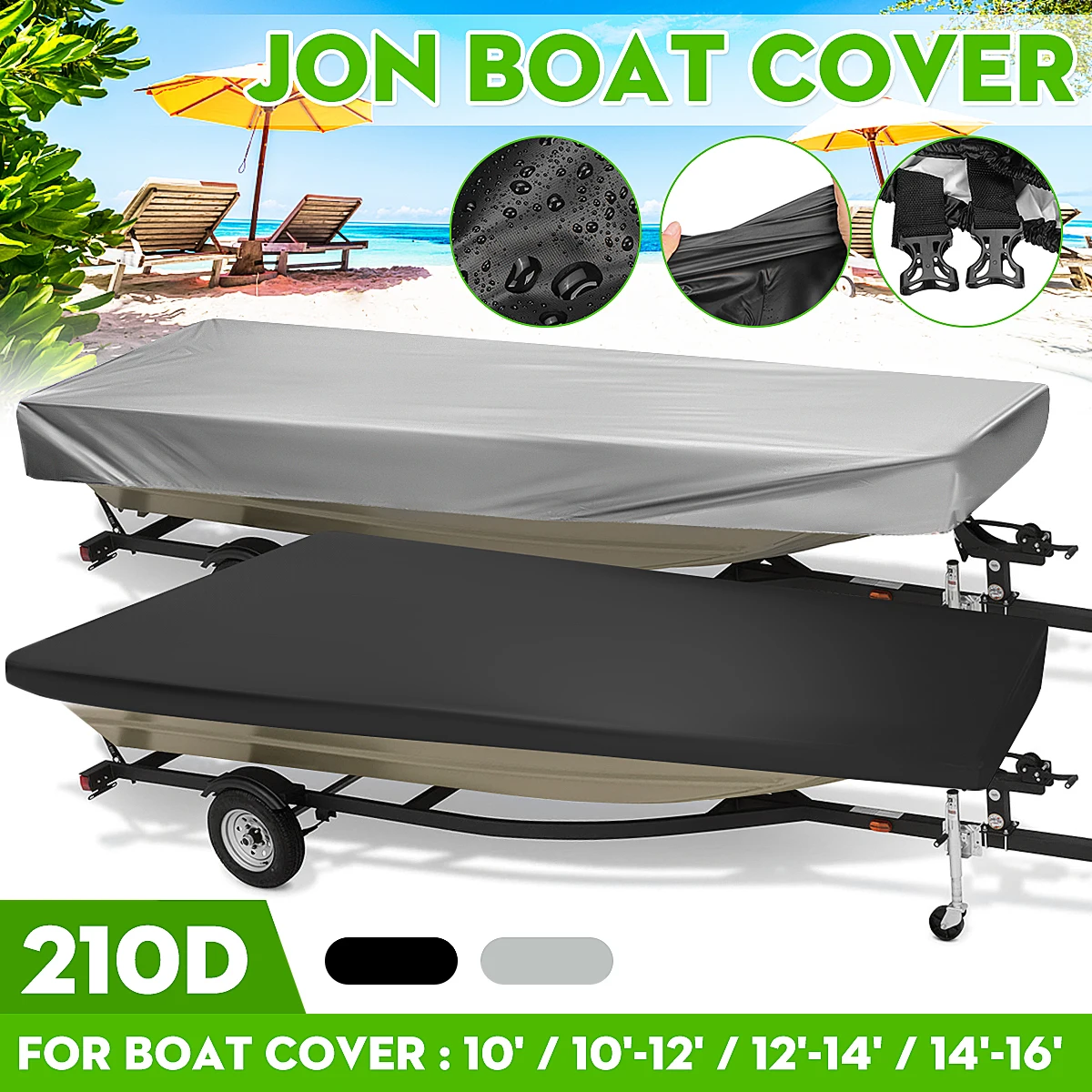 10-16FT Jon Boat Cover Black/Silver Waterproof Sun Protection Anti-UV ...
