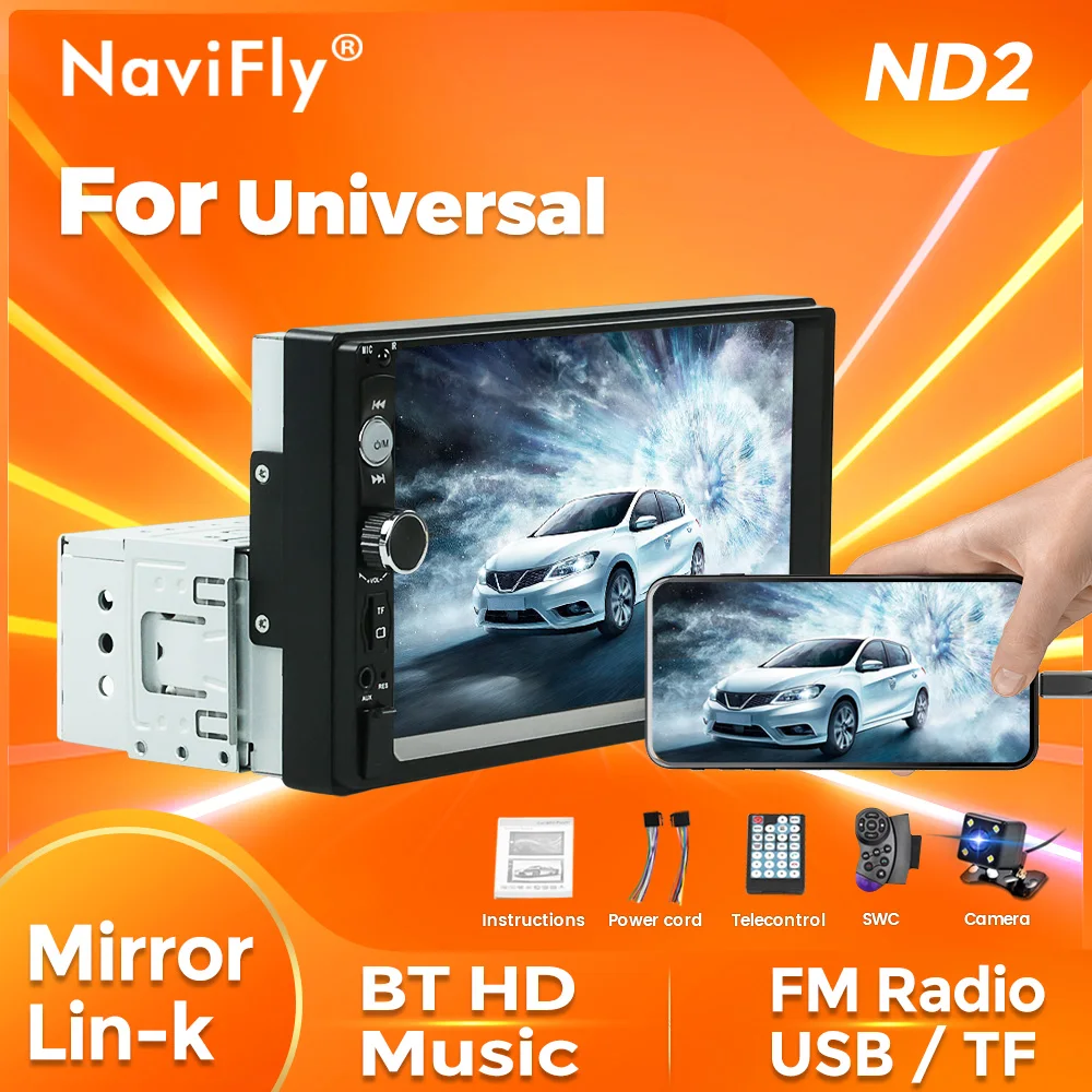 Navifly-ND2 Rádio de carro universal, 1Din, 7 "HD Touch Screen, player multimídia, BT Autoaudio ...