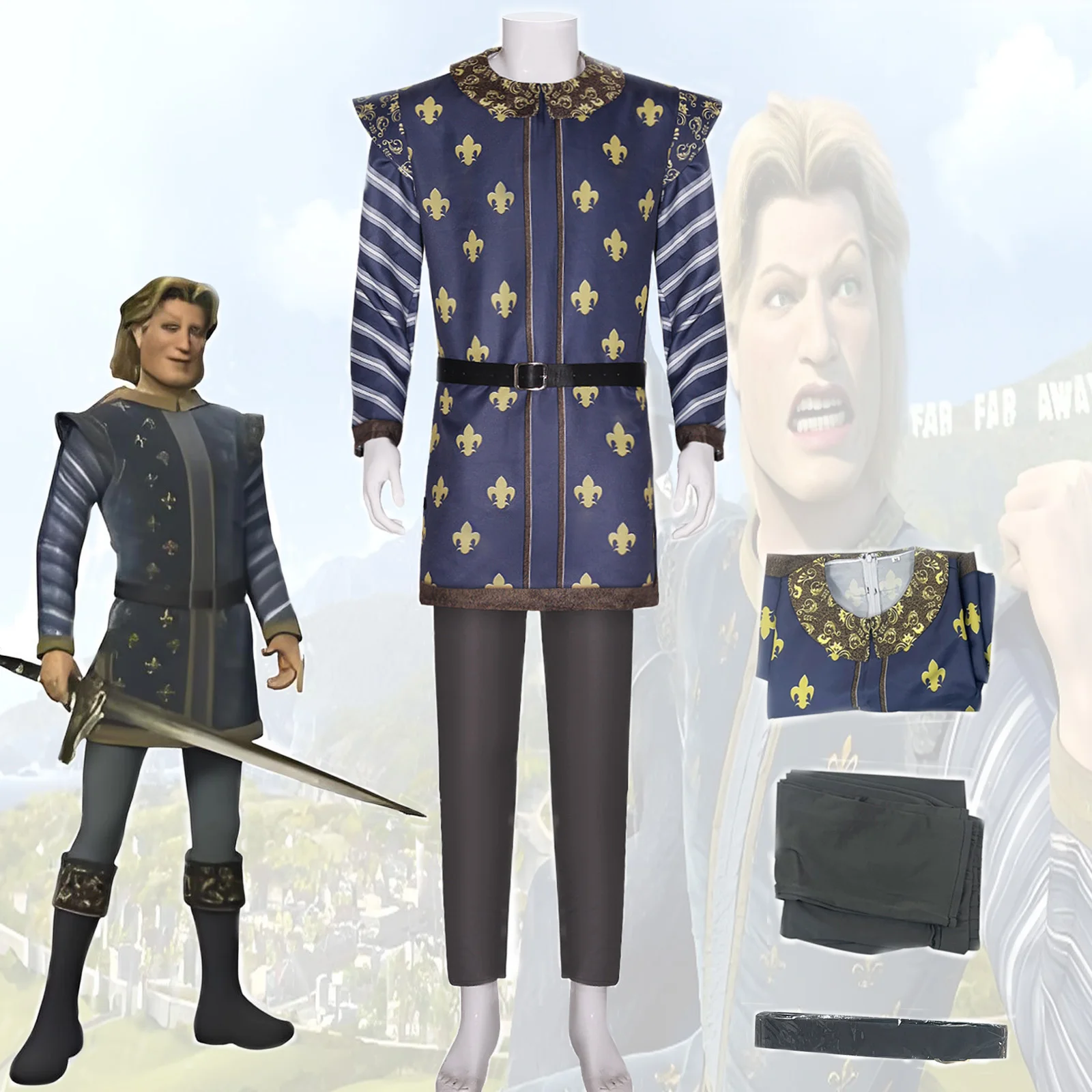 Monster Shrek Prince Charming Cosplay Costume Top Pants Handsome ...