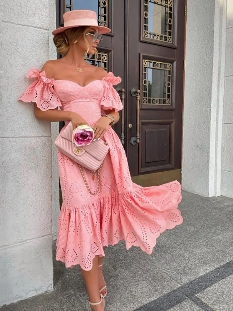 Women Sexy Off Shoulder Lace Long Dress 2022 Solid Ruffle Cutout Boho ...