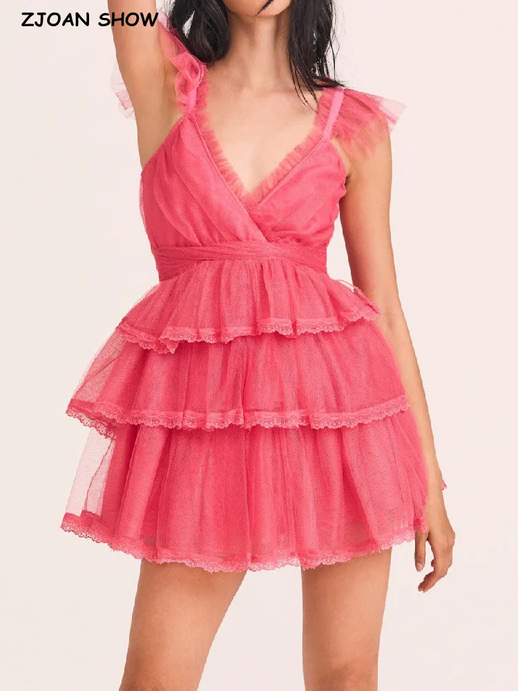 Romantic-Pink-Mesh-Sling-Mini-Dress-Woman-Cross-V-neck-Spliced-Lace ...