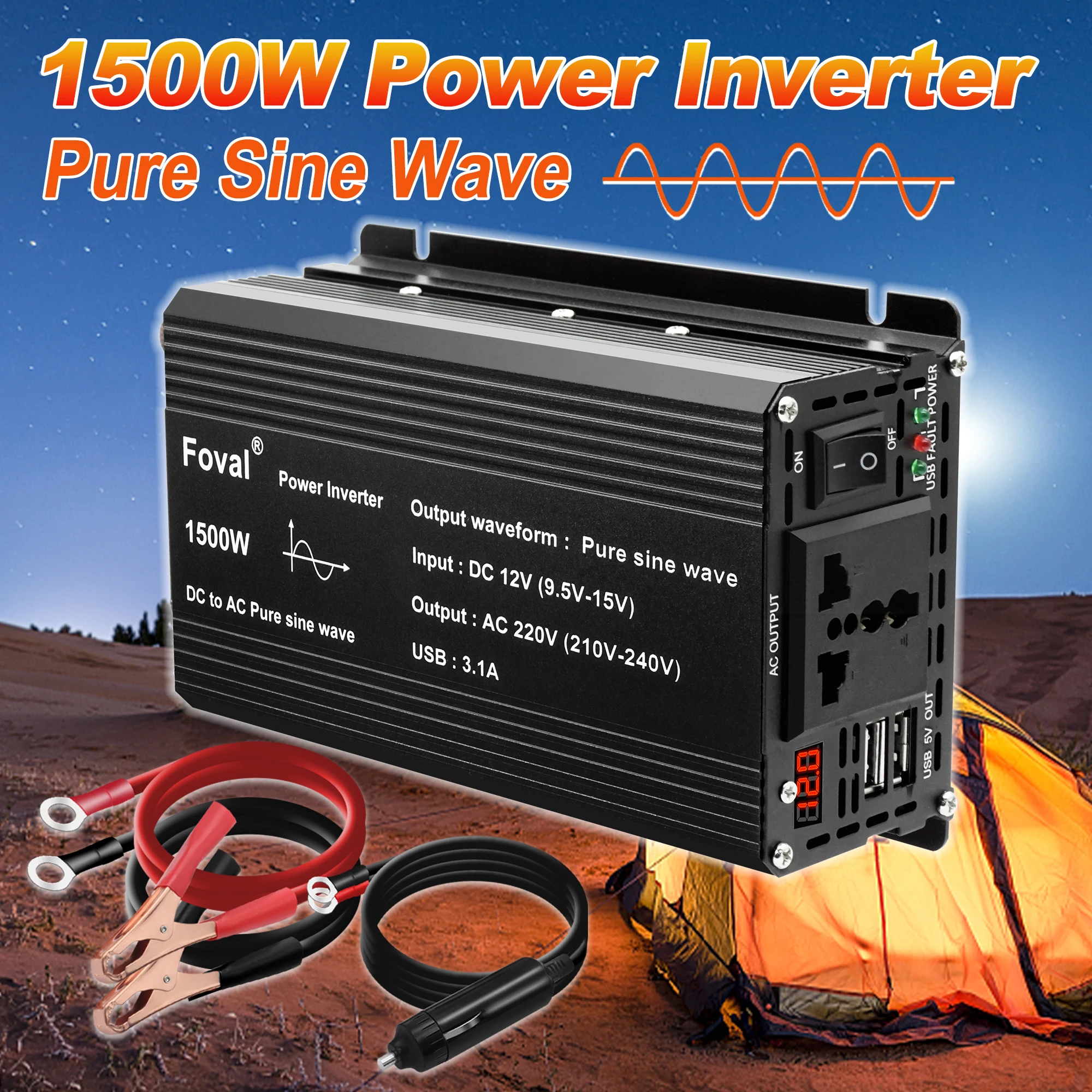 Pure Sine Wave 1500W 2200W DC 12V TO 220V Rate Power Peak Car Plug Inverter Adapter Power ...