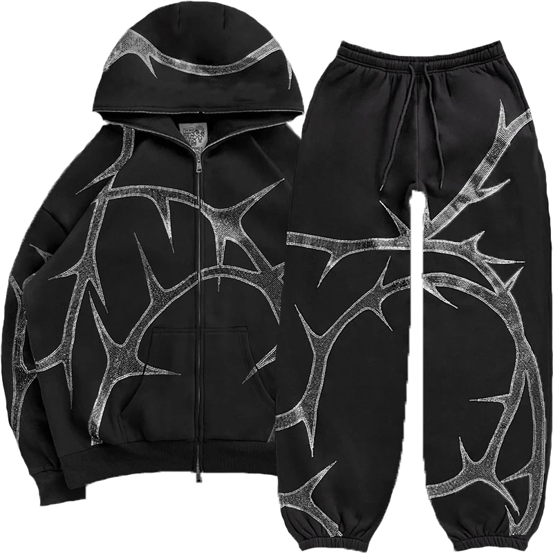Rhinestone Grunge Graphics Hoodies Harajuku High Street Hooded Sweatshirts Men Y2K Streetwear ...