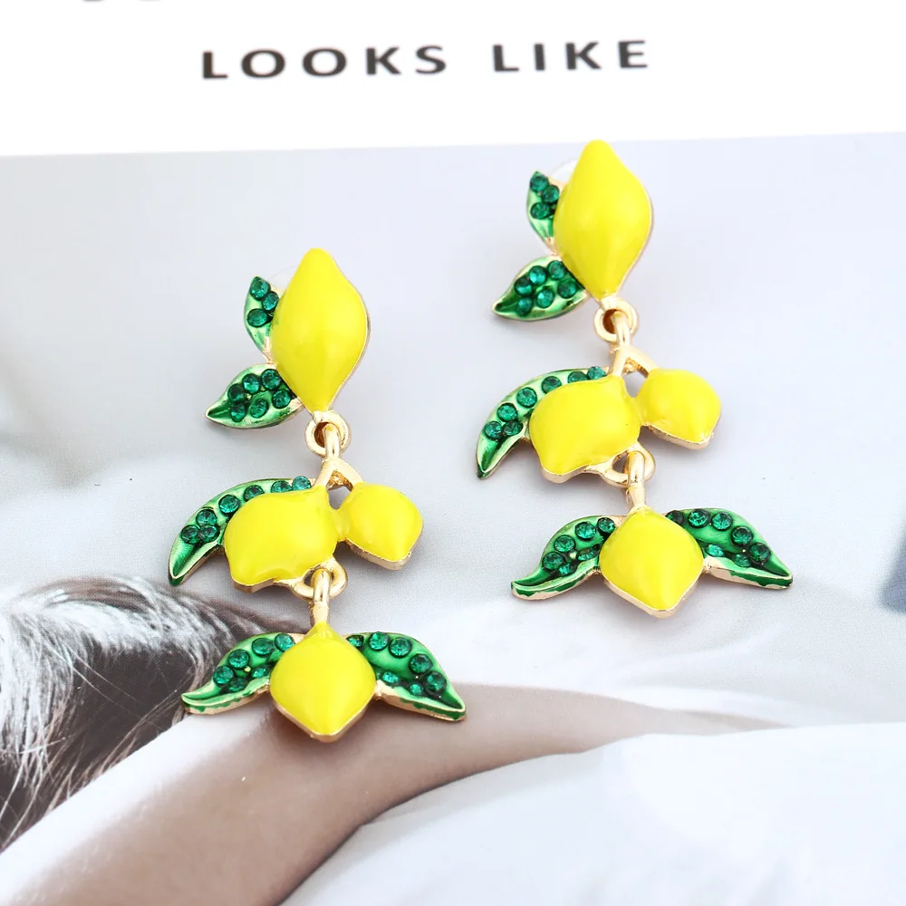 New Trendy Yellow Dripping Lemon Fruit Earrings Women's Exaggerated ...