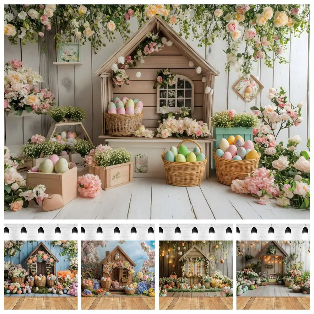 Spring Easter Photography Background Cabin Wood Wall Floor Flowers Eggs ...