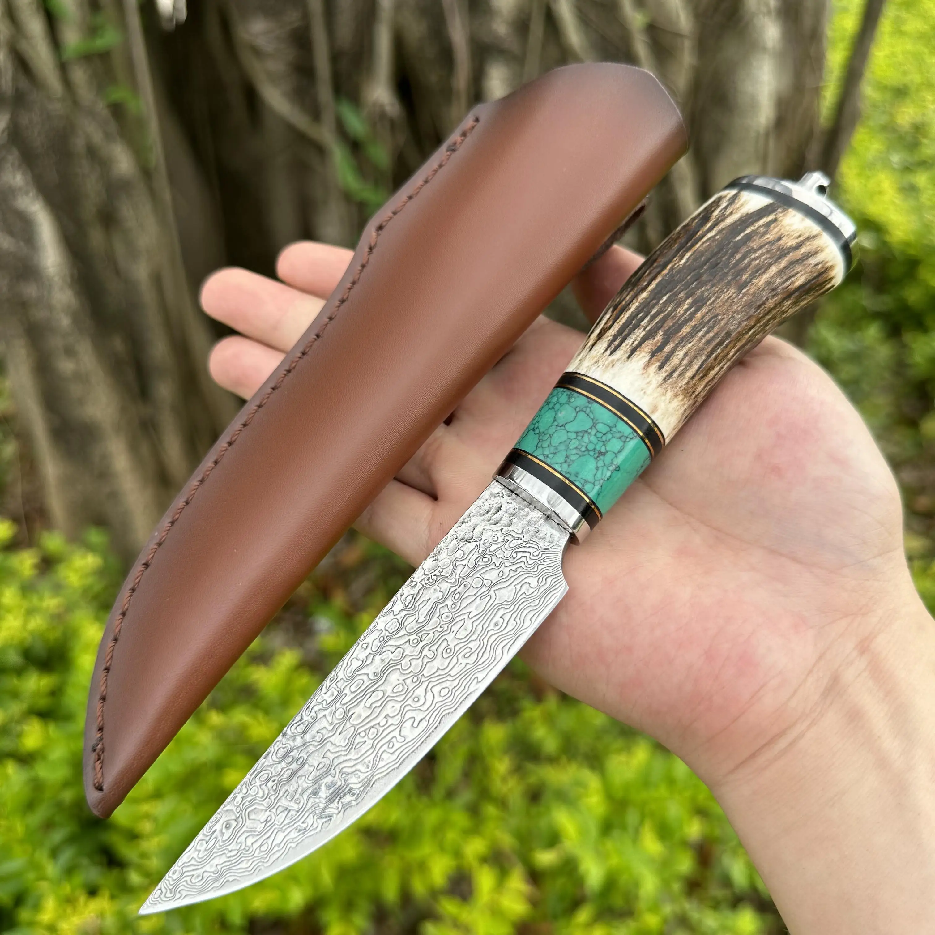 Topwell Handmade Knife Premiun VG10 Damascus Blade Antlers&Agate Handle ...