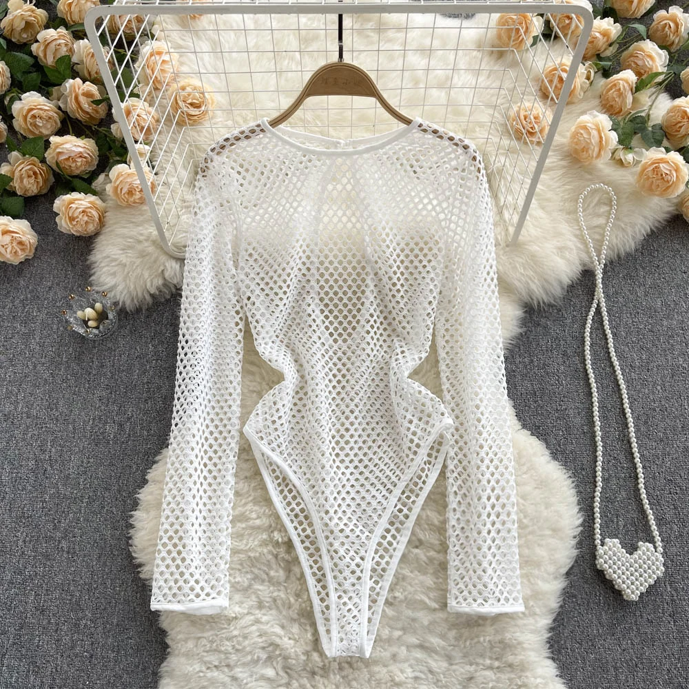 Sexy Mesh Bodysuit Fashion hollow out Long Sleeve O-neck One Piece ...