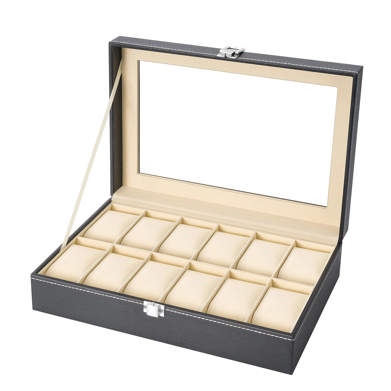 Lnofxas Watch Box, 12-Slot Watch Case with Large Glass Lid, Removable ...