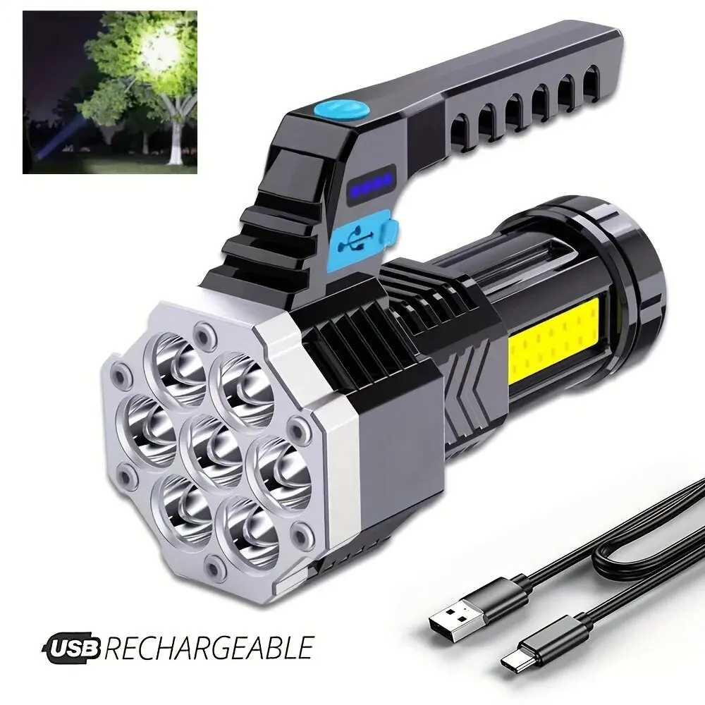 7 LED High Power Flashlight, USB Charging COB Side Light Portable Torch ...