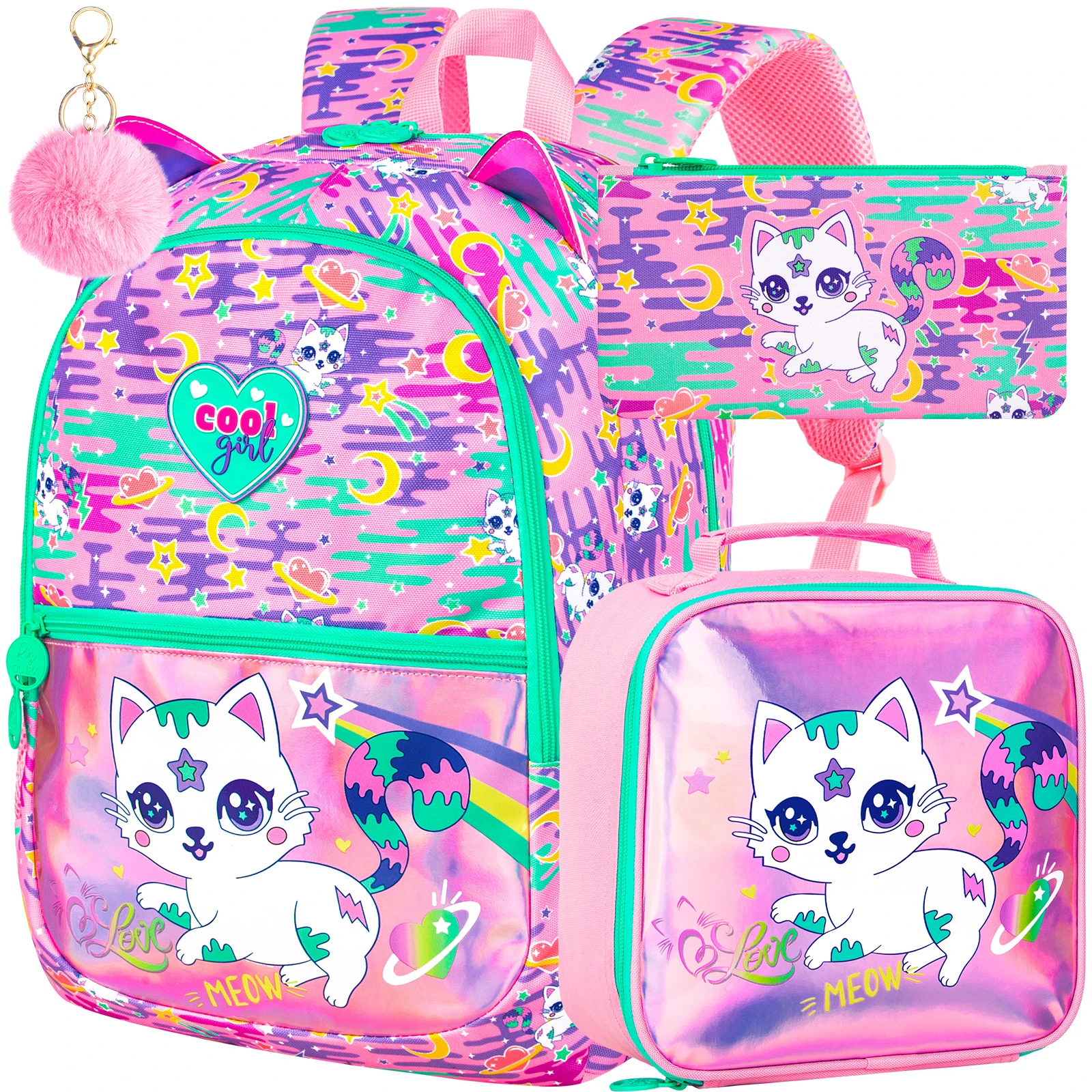 3Pcs-Cat-Backpack-for-Girls-16-5-Kids-Bookbag-with-Lunch-Box-Waterproof ...