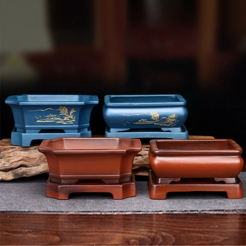 Chinese Antique Rectangular Purple Sand Flowerpot with Base Desktop ...