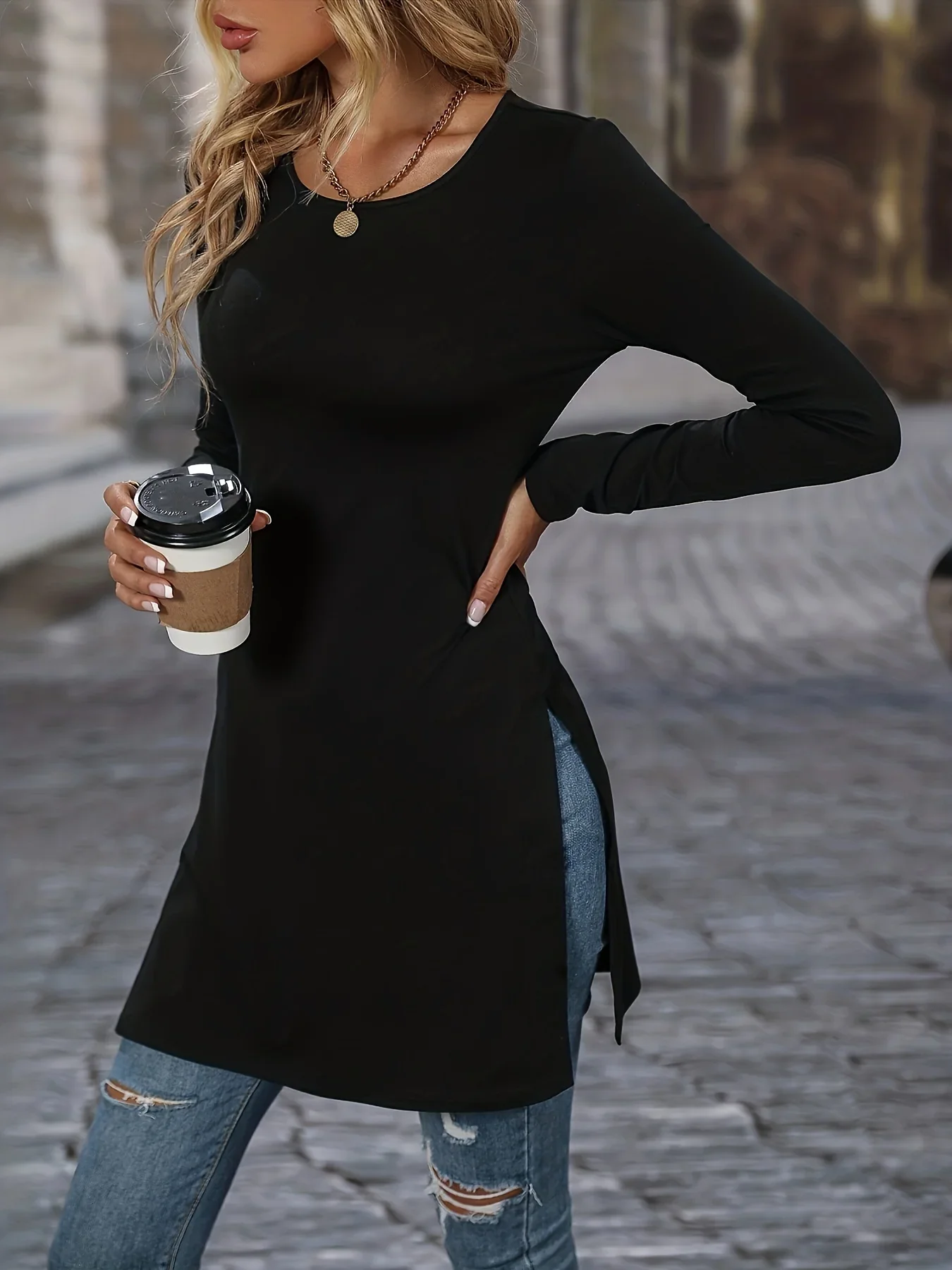 Split-Solid-Tunics-Casual-Crew-Neck-Long-Sleeve-Simple-Tunics-Women-s ...