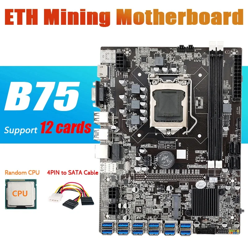 B75 Eth Mining Motherboard With Cpu+4pin To Sata Cable Lga1155 12 Pcie To Usb Msata Ddr3 B75 Usb ...