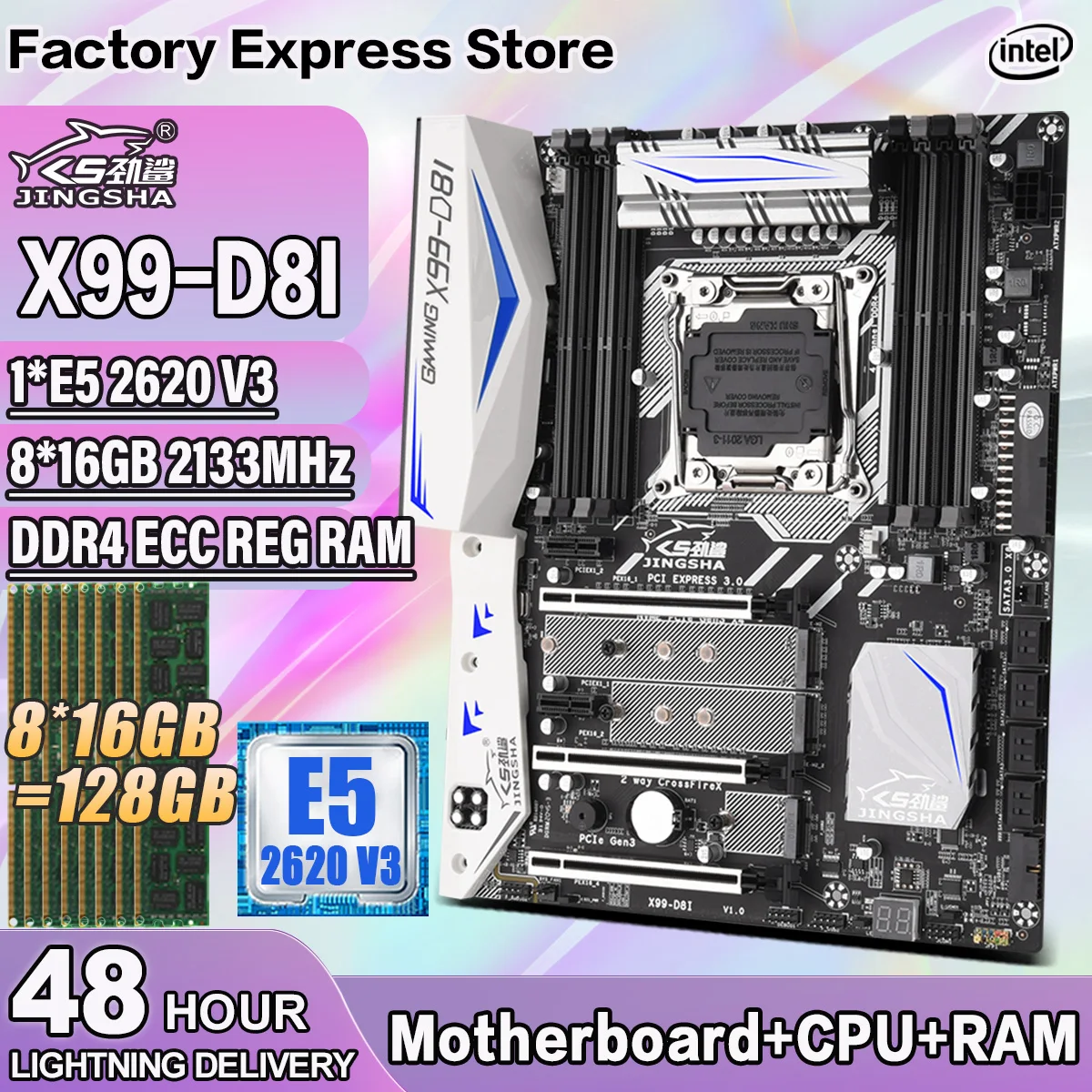 Jingsha x99 d8i placa mãe lga 2011 3 kit com processador e5 2620v3 e ddr4 8*16g = 128g ecc reg ...