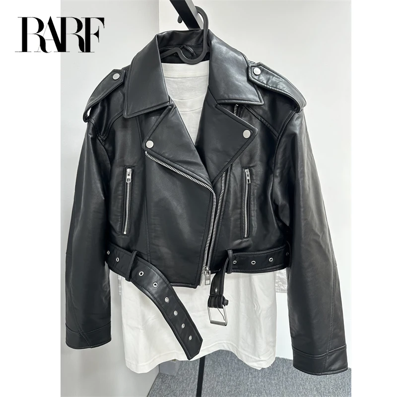 RARF-Women-s-washed-leather-jacket-with-belt-short-coat-with-downgraded ...