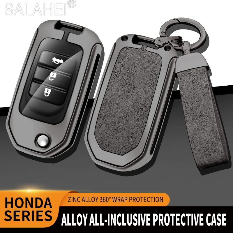 Alloy-Leather-Car-Flip-Key-Case-Cover-Bag-For-Honda-Civic-HRV-CRV-XRV ...