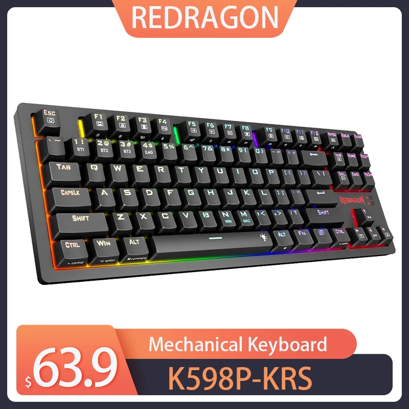 Redragon K598P KBS rgb tkl teclado mecânico sem fio bluetooth/2.4ghz ...