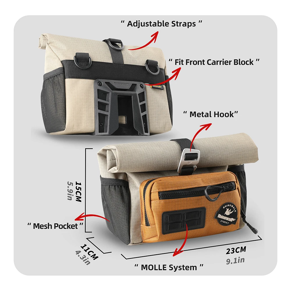 Rhinowalk 自転車ハンドルバーバッグ 4L クイックリリースフロントチューブバスケットバッグ MOLLE システム付きアーバンサイクリングブロンプトン用折りたたみ自転車 Rhinowalk 自転車ハンドルバーバッグ 4L クイックリリースブロンプトン