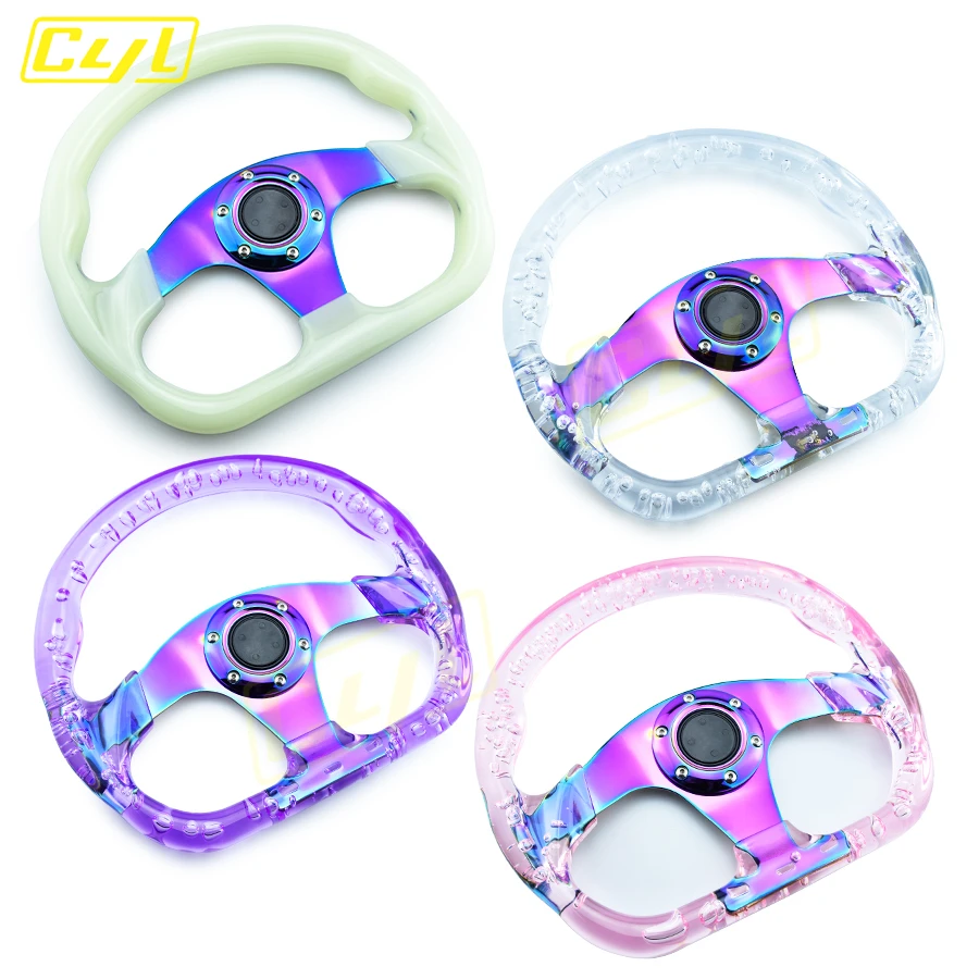 JDM-13inch-D-Shape-Transparent-Acrylic-Steering-Wheel-Neo-Chrome-Spoke-Bubble-Crystal-Steering ...