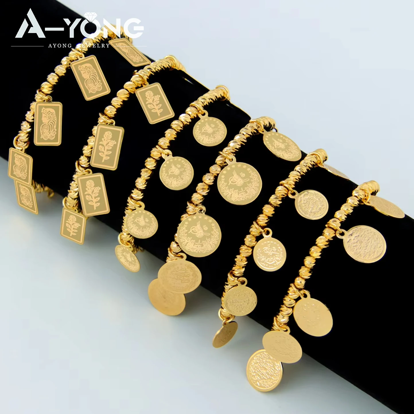Arab Gold Color Bead Bracelet 21k Gold Plated Adjustable Turkish Coins ...