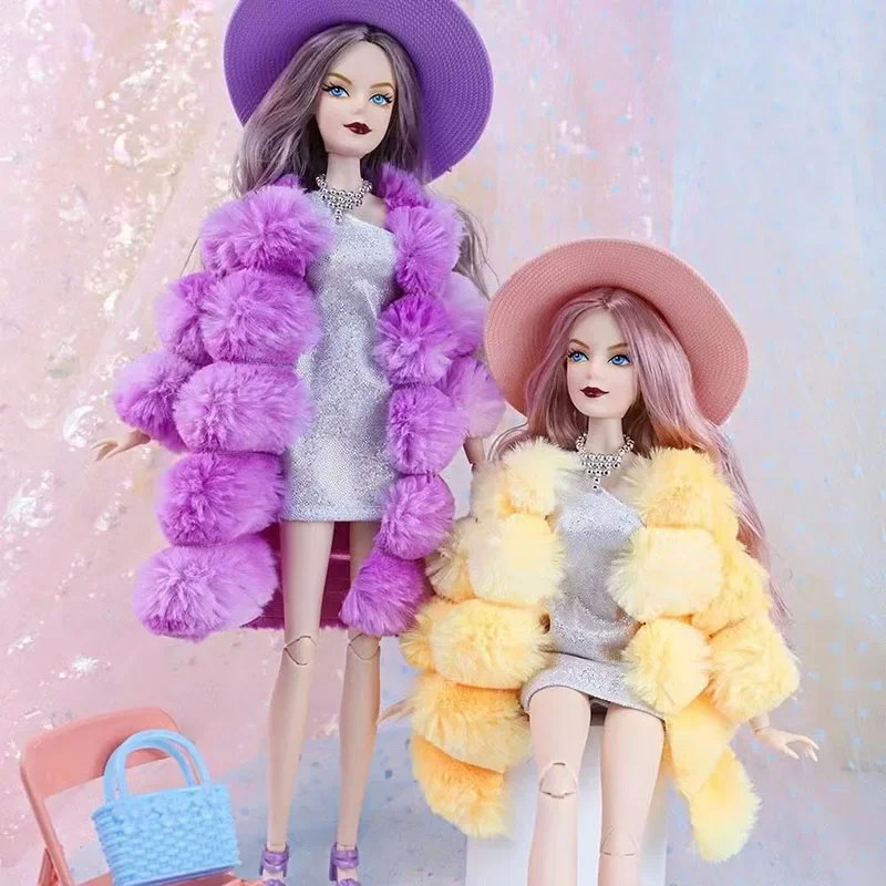 New 32cm Doll Full Set 26 Joints Movable Doll with Plush Fur Coat Dress ...