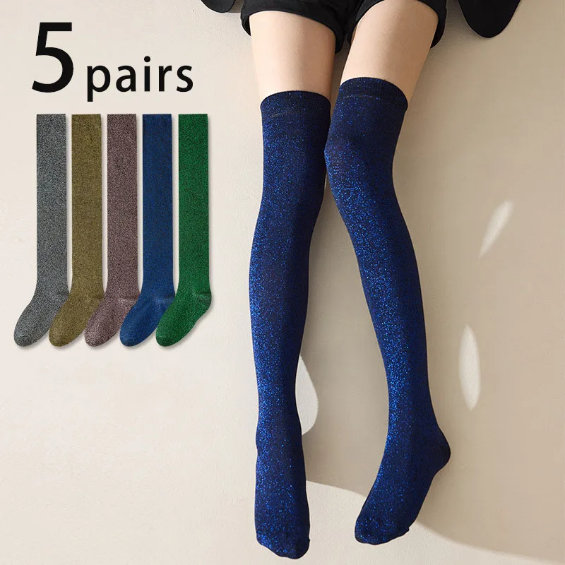 1/5Pairs Shiny Sparkling Gold Silver Silk Calf Socks For Women Trendy ...