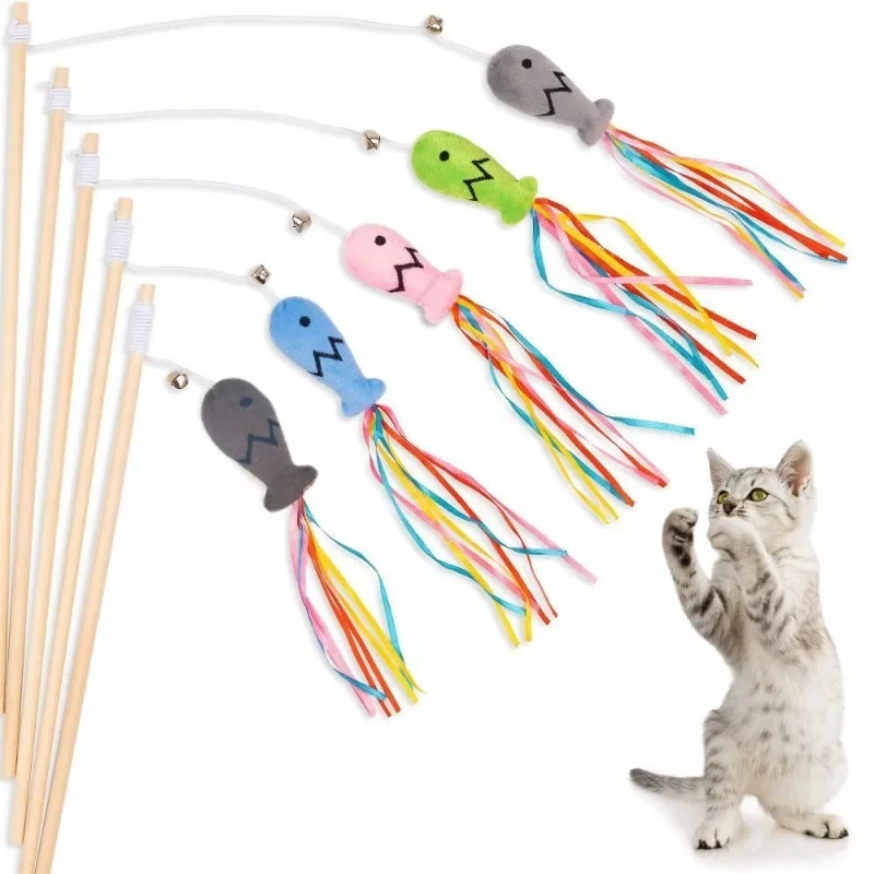 Cat-Wand-Toys-Fish-Shape-Interactive-Colorful-Ribbons-Bell-Toys-with ...