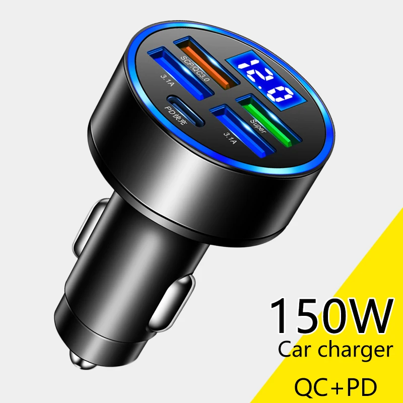 5 Ports Car Charger 150W Fast Charging PD QC3.0 USB C Car Phone ...