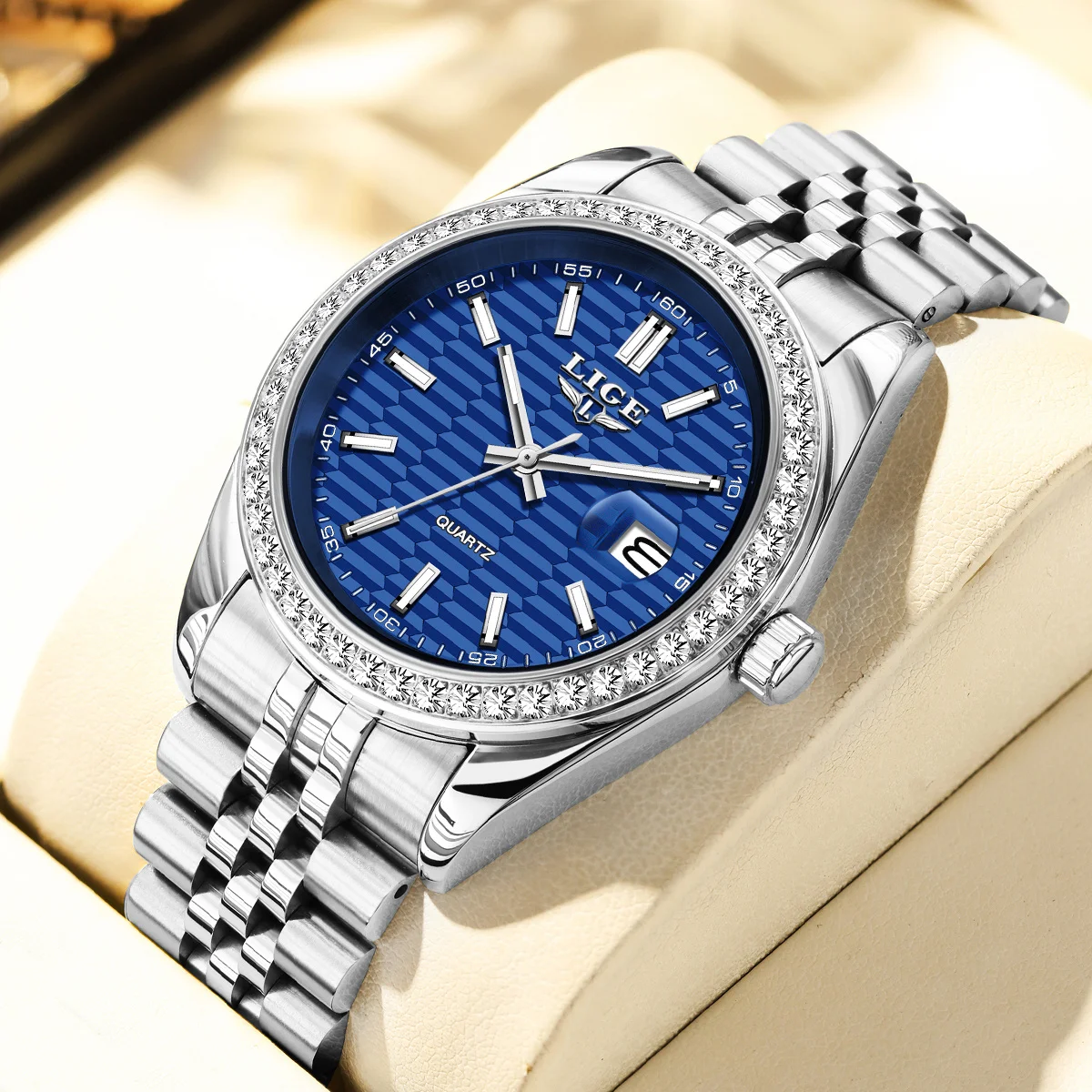 LIGE Luxury Business Mens Watch Fashion Diamond Dial Waterproof Quartz ...