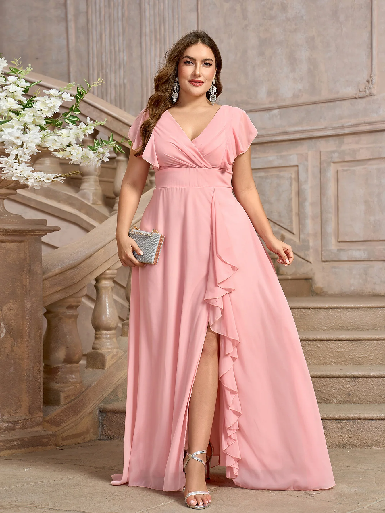 Vestido De Novia Rosa De Talla Grande Traje De Gasa Con Cuello En V