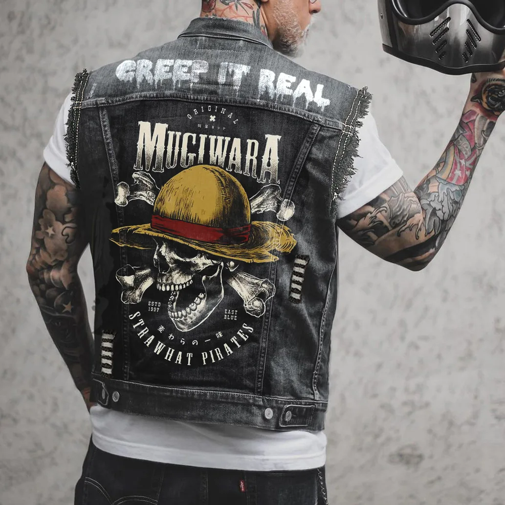 Men's Motorcycle Biker Vest Strawhat Pirates Skull Print Distressed ...