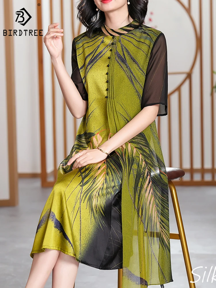 BirdTree-vestido-de-seda-aut-ntica-para-mujer-prenda-de-manga-corta-con ...