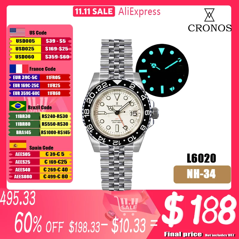 Cronos-GMT-Automatic-Man-Watch-Bidirectional-Bezel-Sapphire-20-ATM-NH34 ...