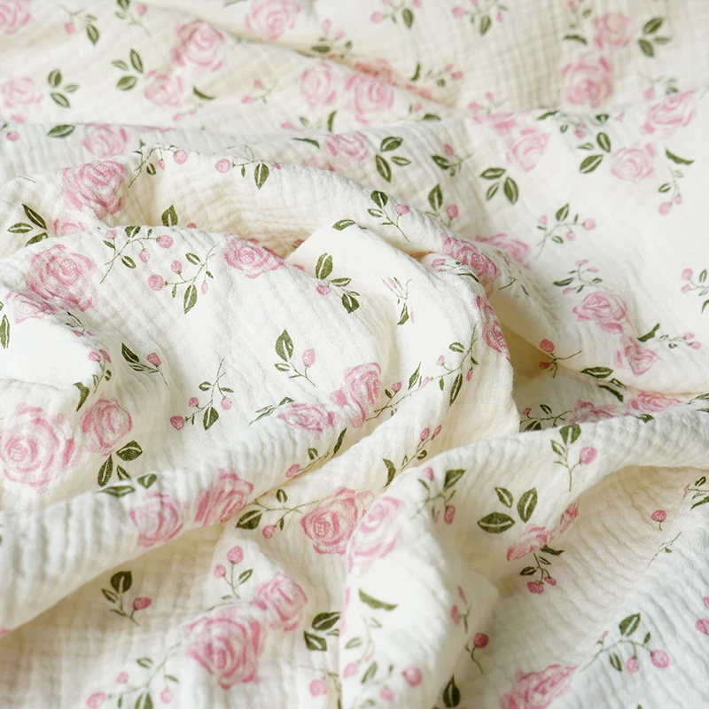 135x50CM Pink Rose Flower Printed Pure Cotton Double-layer Crepe Fabric ...