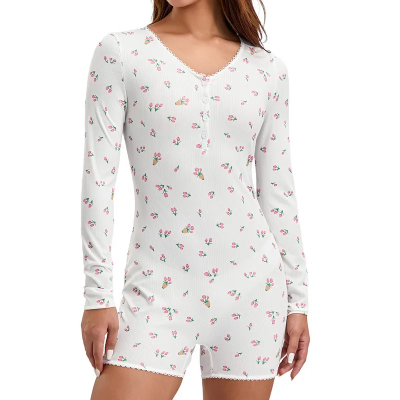 Women-Floral-Print-Short-Romper-Spring-Autumn-Clothes-V-Neck-Button ...