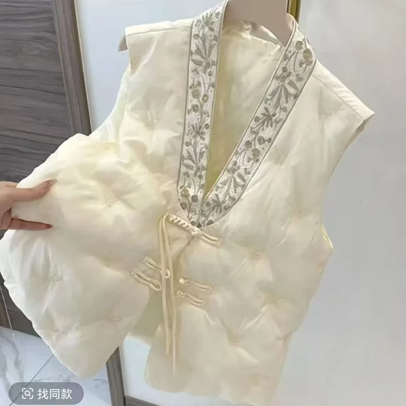 New Chinese style V-neck embroidered solid color loose warm top with ...
