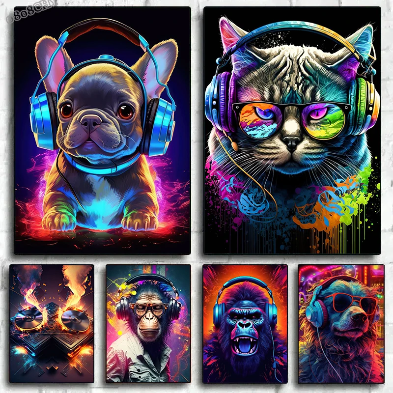 Animal-Monkey-Cat-Dog-Headphone-Dj-Music-Poster-Canvas-Print-Painting ...