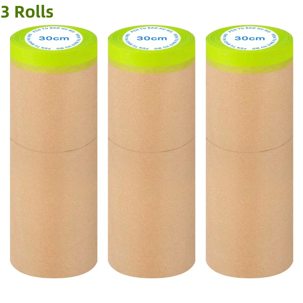 3-Rolls-Pre-Taped-Masking-Paper-Tape-Paint-Plastic-Covering-For-Wall ...