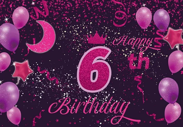 Pink Glitter Number Balloons Happy 6th Birthday Banner Backdrop Party ...