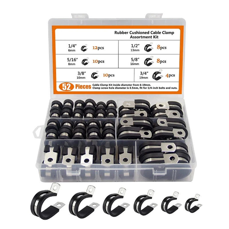 52pcs Cable Clamps Assortment set 304 Stainless Steel Rubber Cushion ...