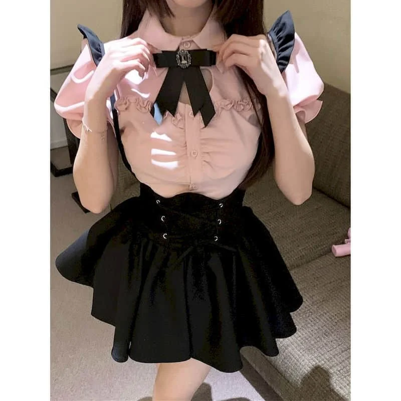 Sweet JK Uniform Dress Japanese Korean Style Patchwork Short Sleeve Bow ...
