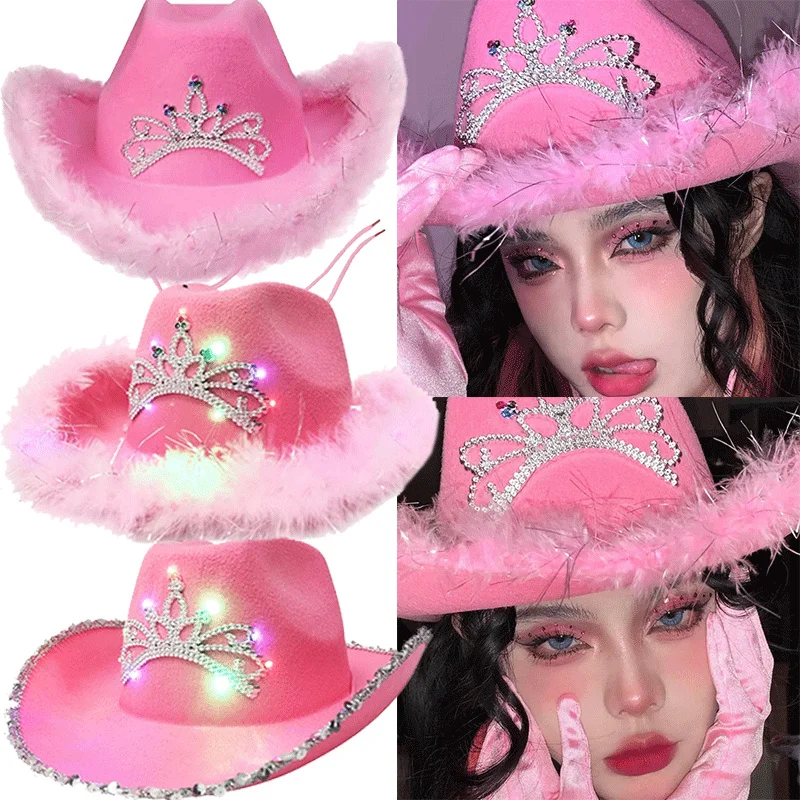 Pink-West-Cowgirl-Hats-For-Women-Cow-Girl-Hats-Tiara-Feather-Felt ...